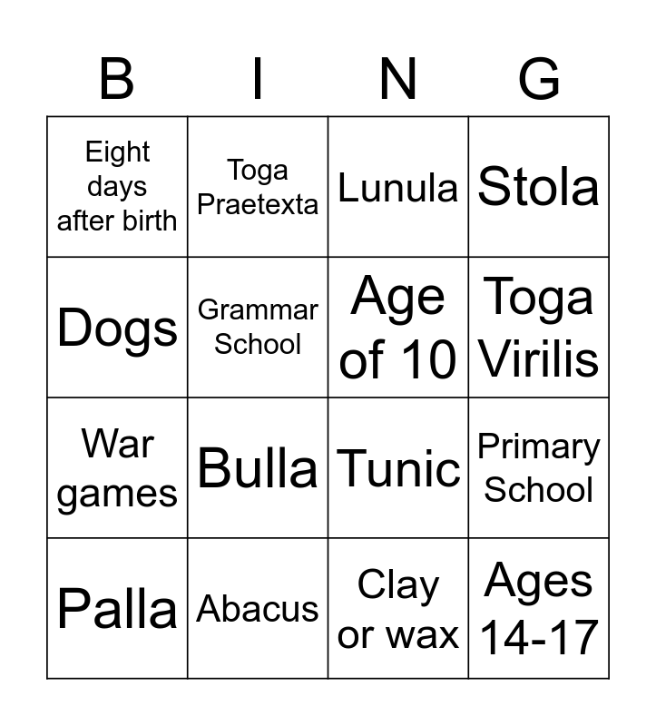 Children in Ancient Rome Bingo Card