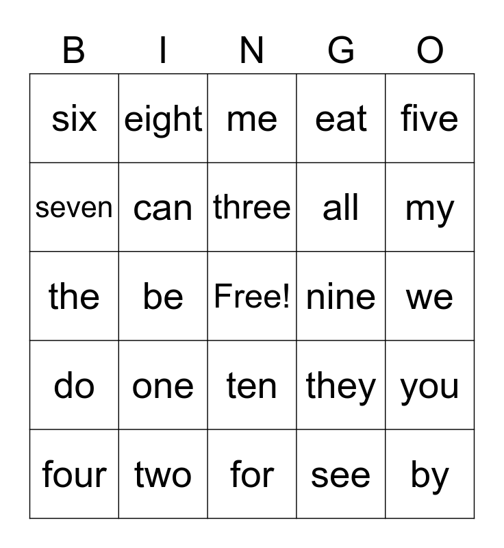 Number words Bingo Card