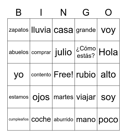 Spanish I End of semester Bingo Card