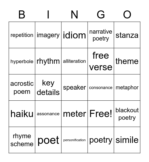Poetry Bingo Card