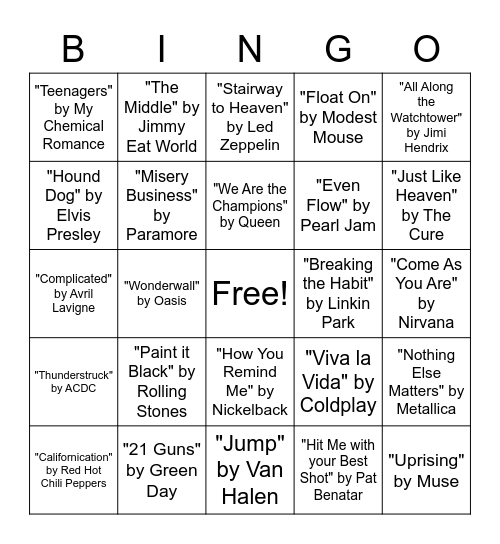 Rock Music Bingo Card