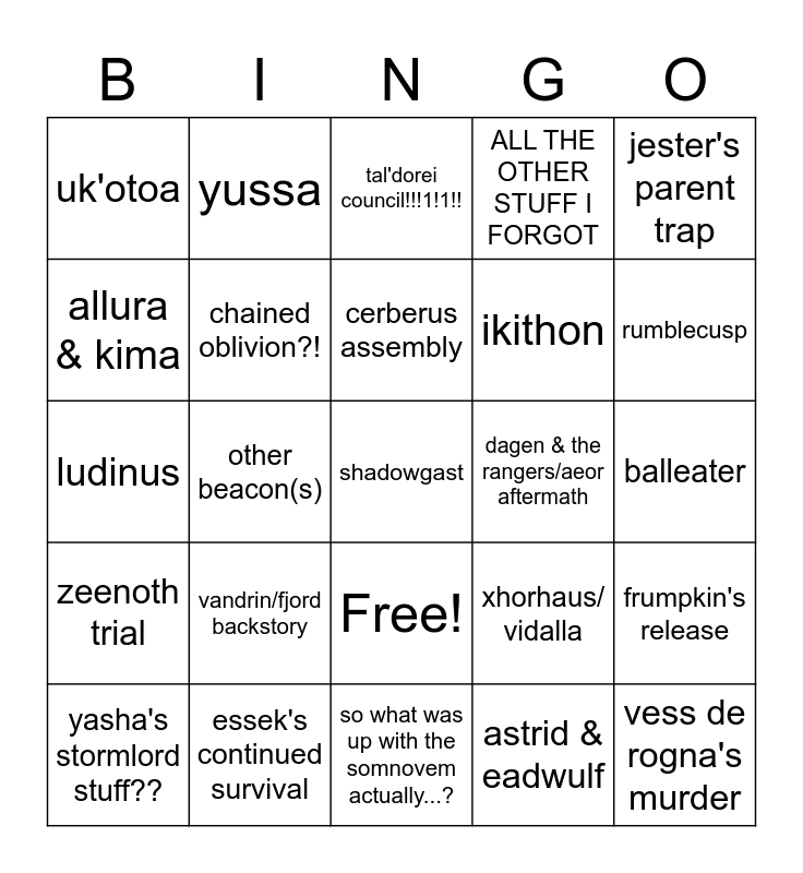 loose ends Bingo Card