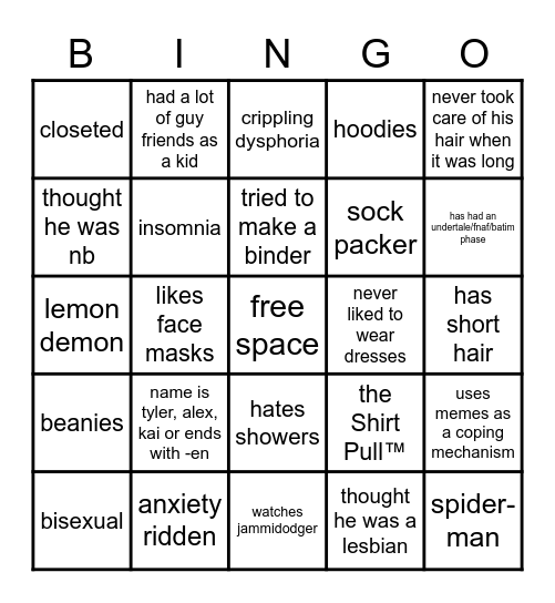 teenage trans guy bingo Card