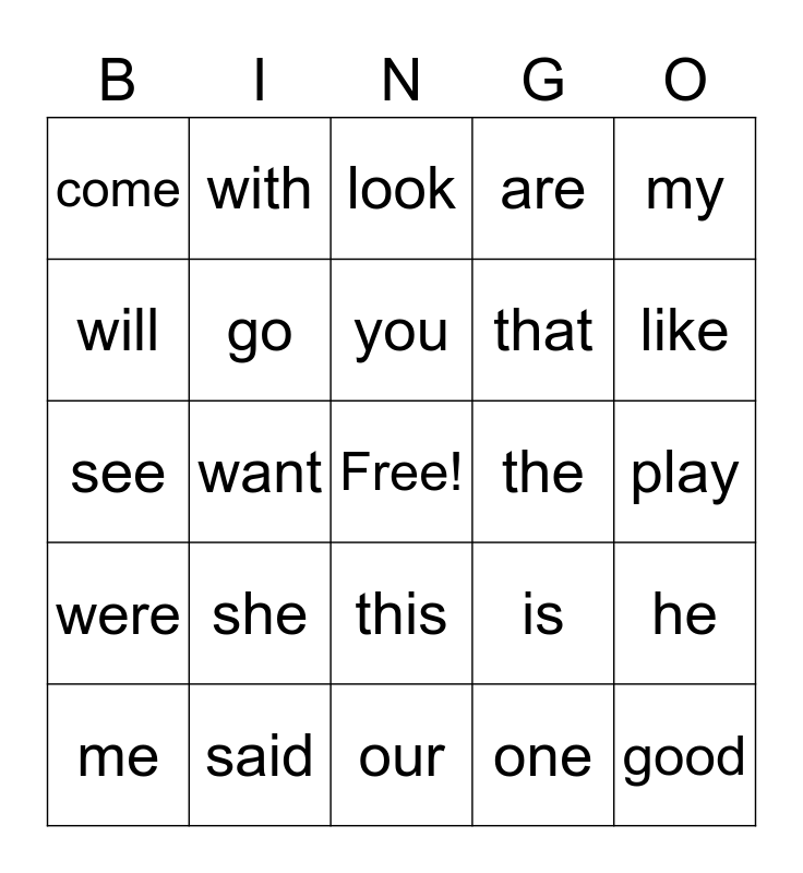 Kinder Sight Word Bingo Card