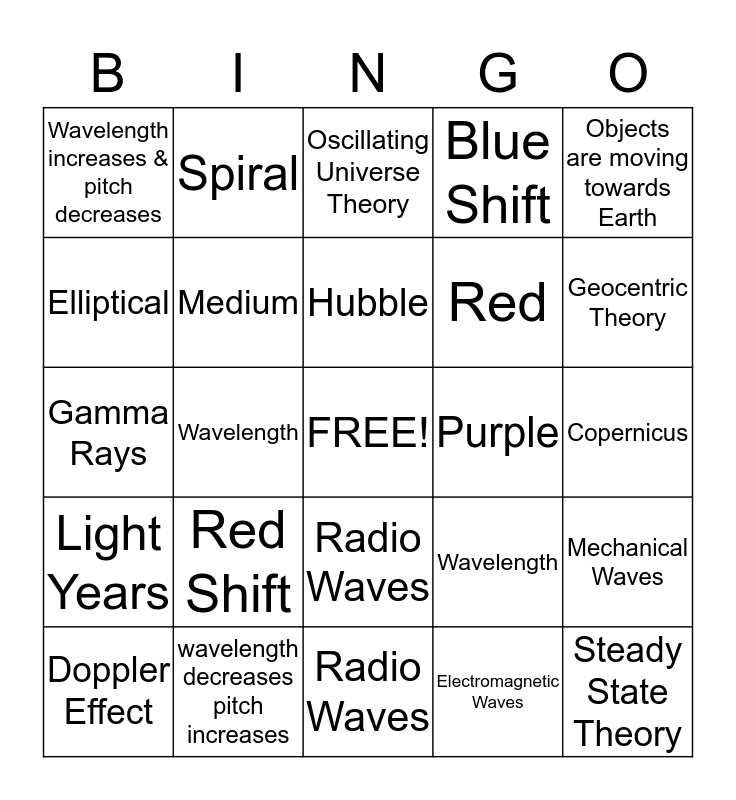 Universe Unit Bingo Card