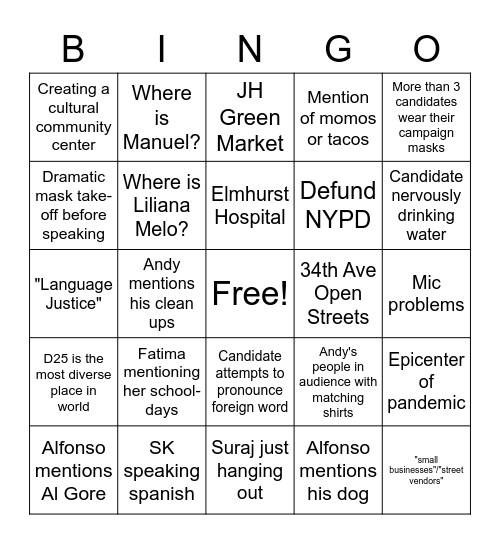 Candidate Forum Bingo Card