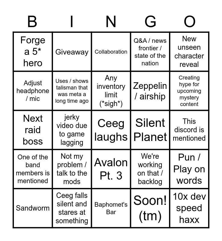 June 7th LOTB Twitch Stream Bingo Card