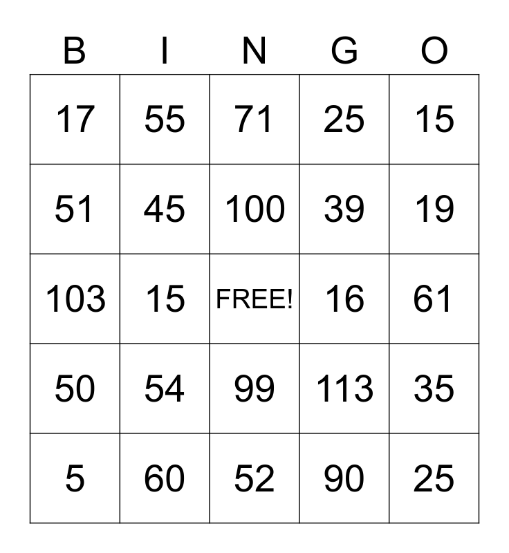 Numbers 1 120 Bingo Card
