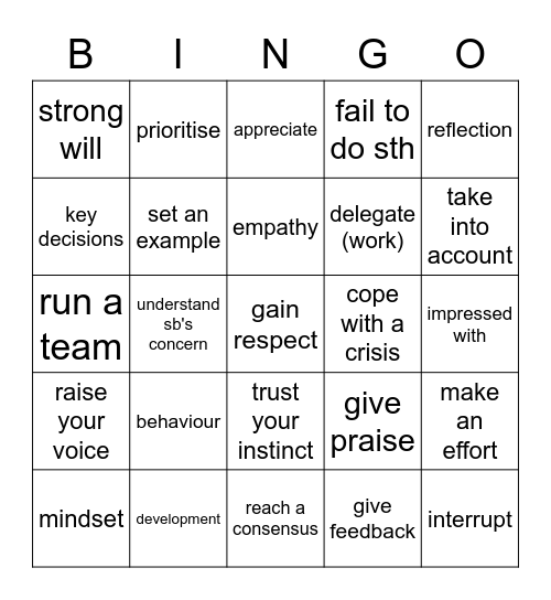 Business Partner B1+ Unit 8 Bingo Card