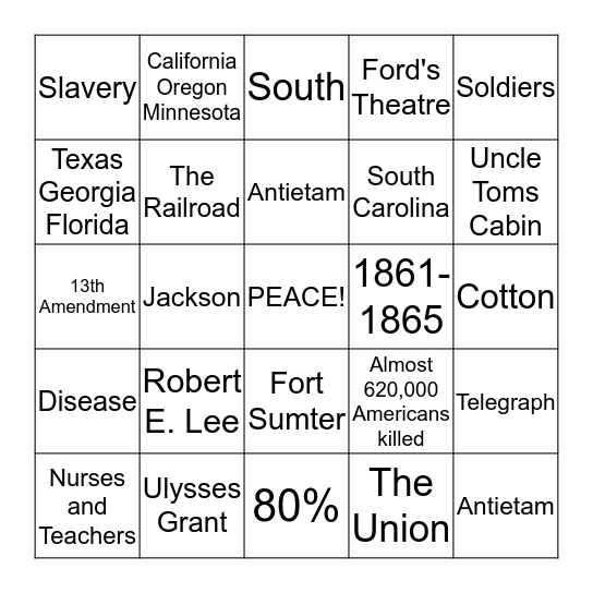 Civil War Bingo Card