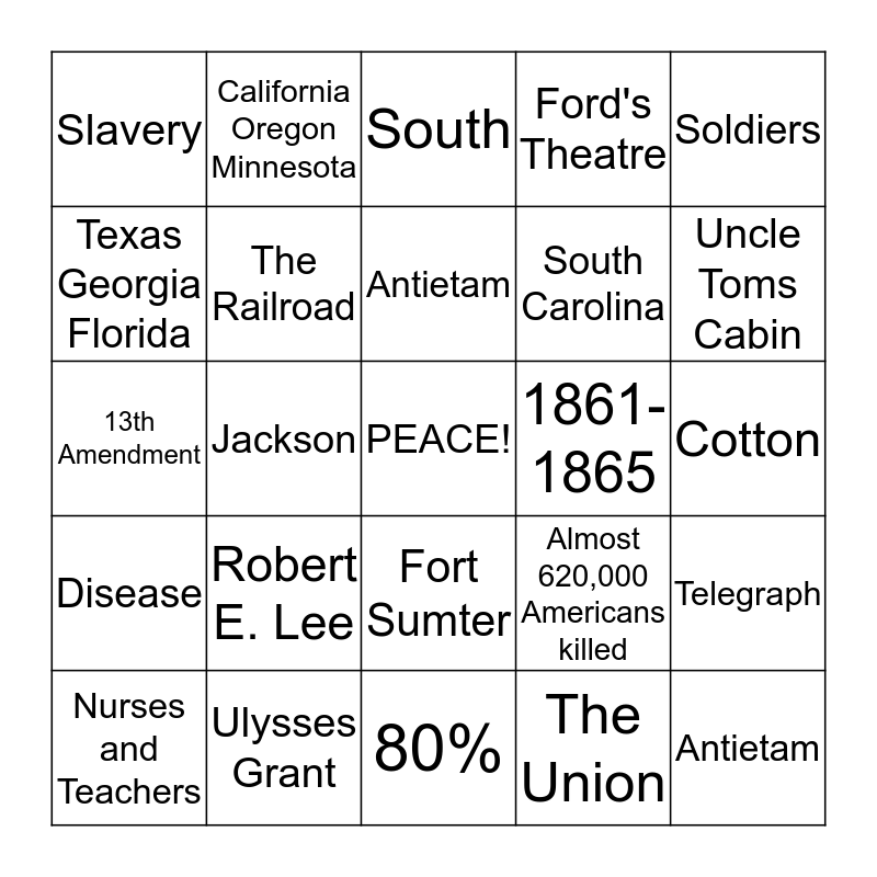 Civil War Bingo Card