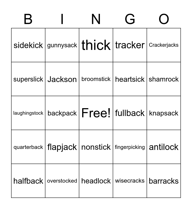 Words ending in -ck Bingo Card