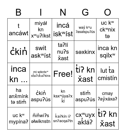 Phrases Bingo Card