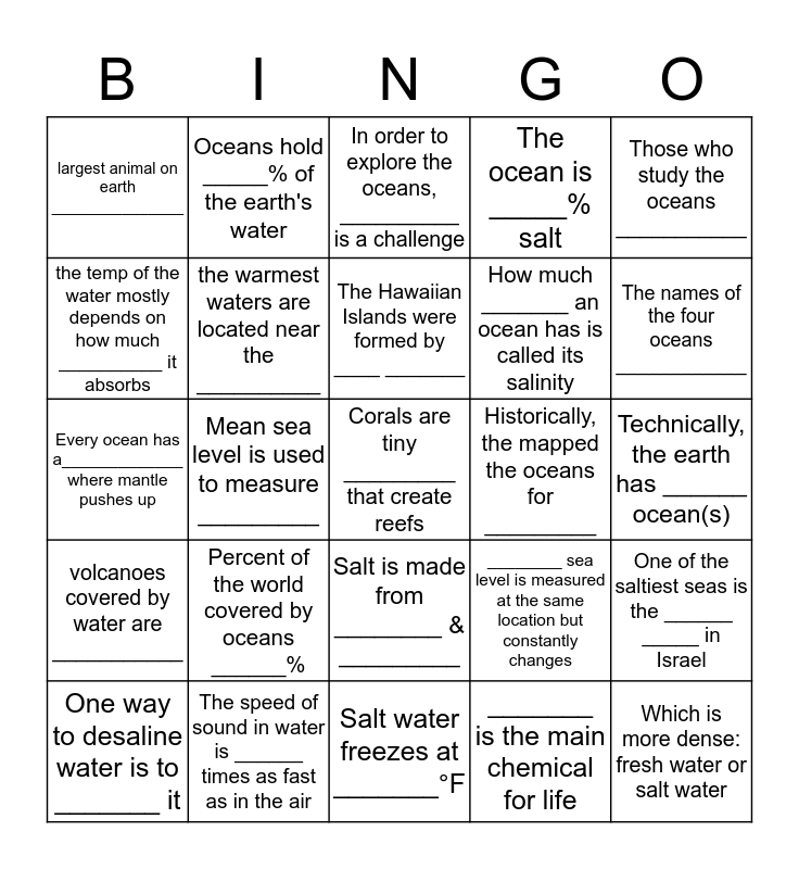 Chapter 14- Oceans and Seas Bingo Card