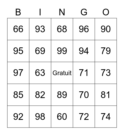 Les nombres de 60 à 100 Bingo Card
