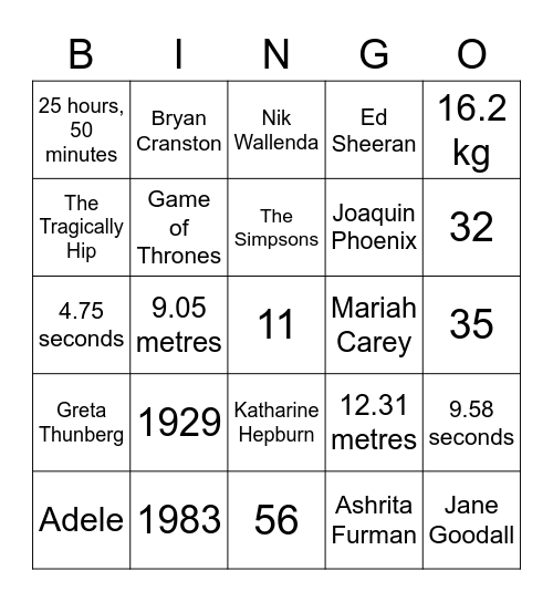 Talent Trivia Bingo Card