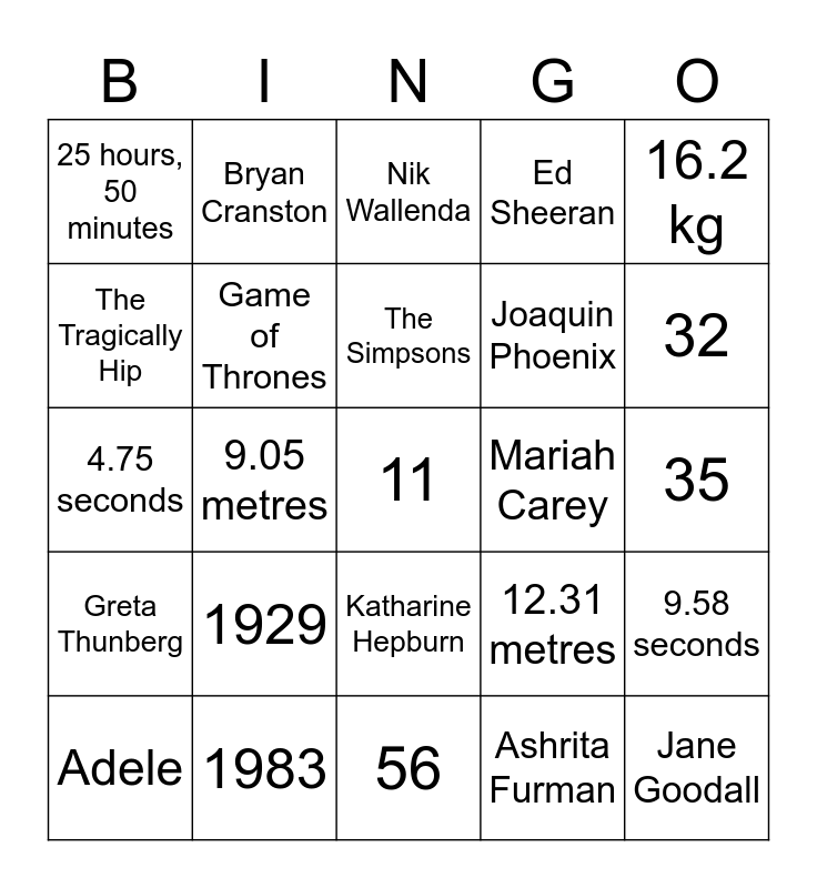 Talent Trivia Bingo Card