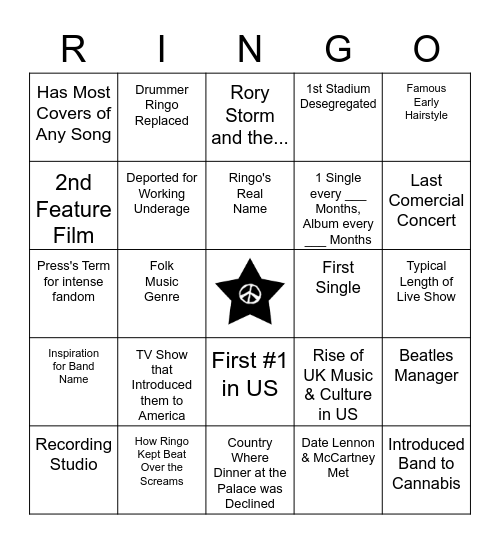 Ringo Bingo ... Night One Bingo Card