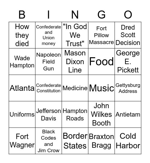 Civil War Bingo Card