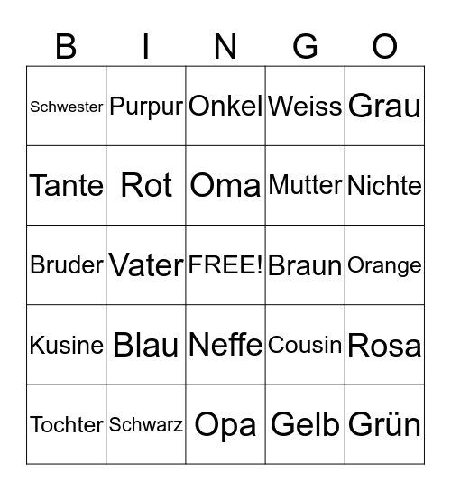 German Bingo Card 1 Bingo Card
