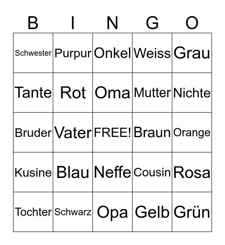 German Bingo Card 1 Bingo Card