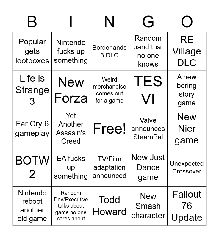 E3 2021 Bingo Card