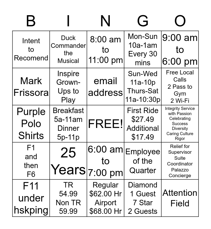Rio Trivia Bingo Card