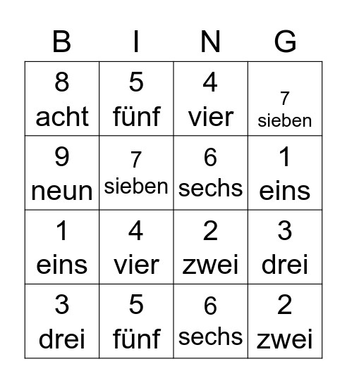Die Zahlen (Numbers) Bingo Card