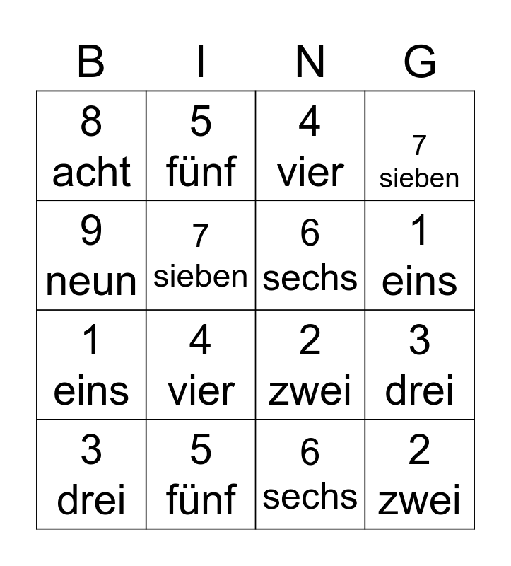 Die Zahlen (Numbers) Bingo Card