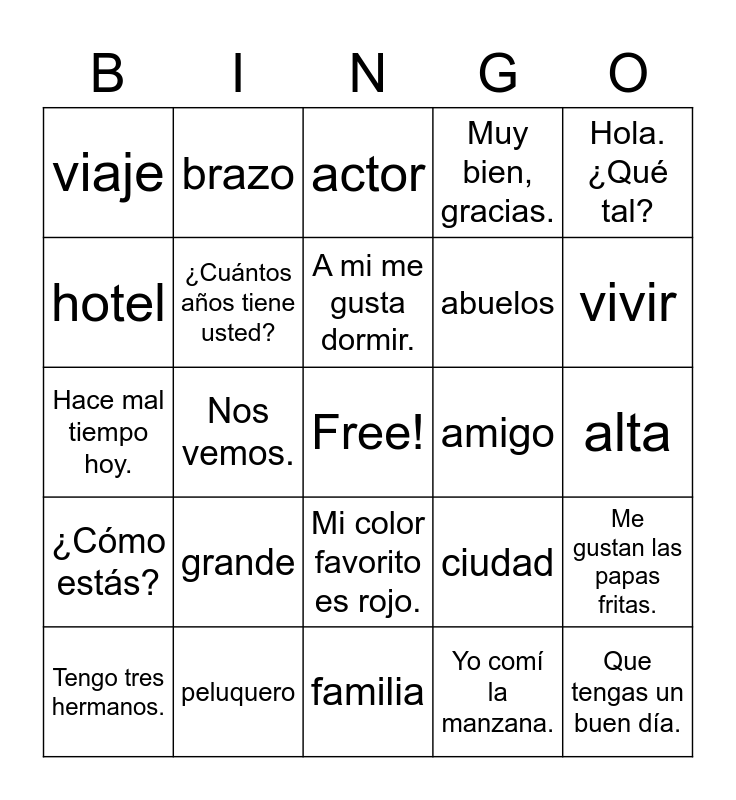 Spanish II Vocabulary Review Bingo Card