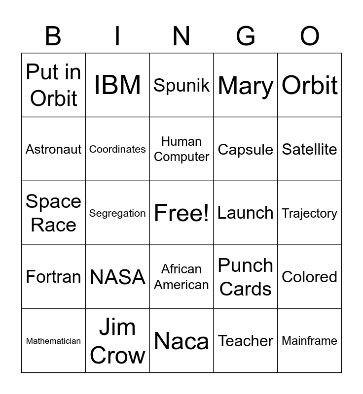 Hidden Figures Vocabulary Bingo Card