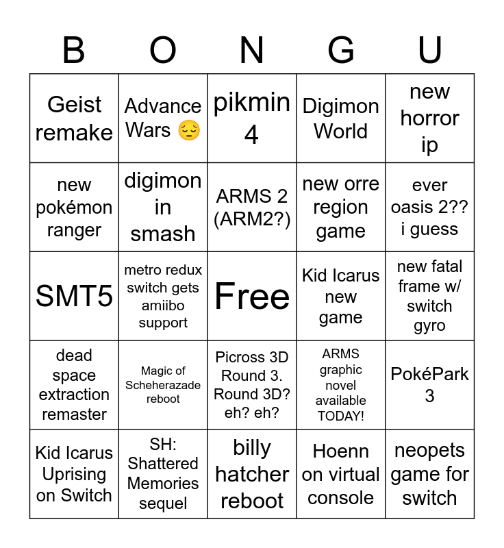Nintendo "yeah ok" Bingo Card