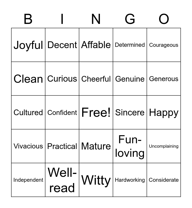Positive Character Traits Bingo Card