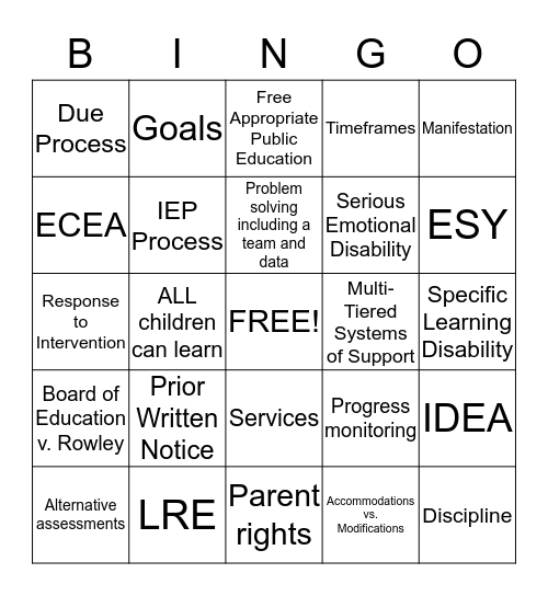 Special Education Law BINGO Card