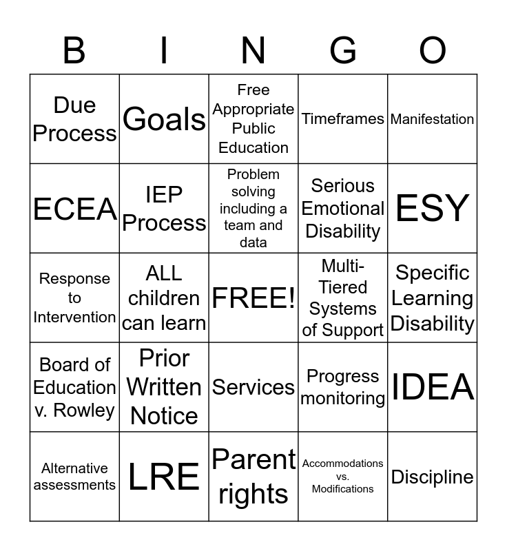 Special Education Law BINGO Card