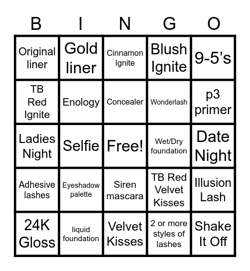 TB Cosmetics Bingo Card