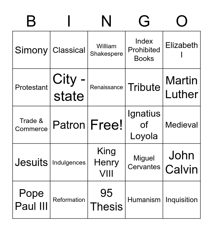 Renaissance & Reformation Bingo Card