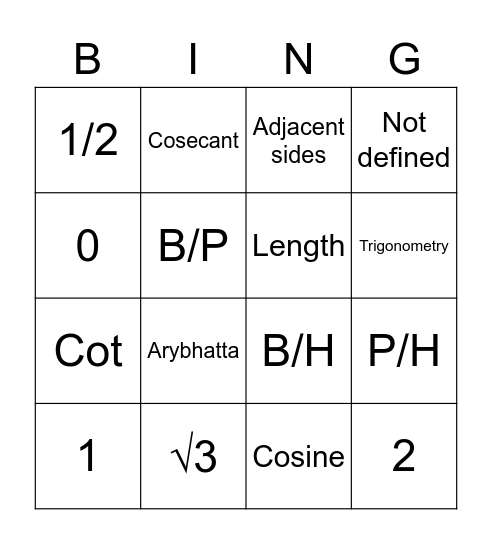 Trigonometry Bingo Card