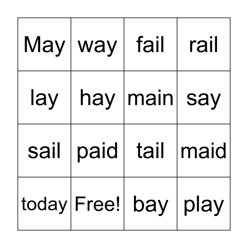 Long A (ai,ay) Bingo Card