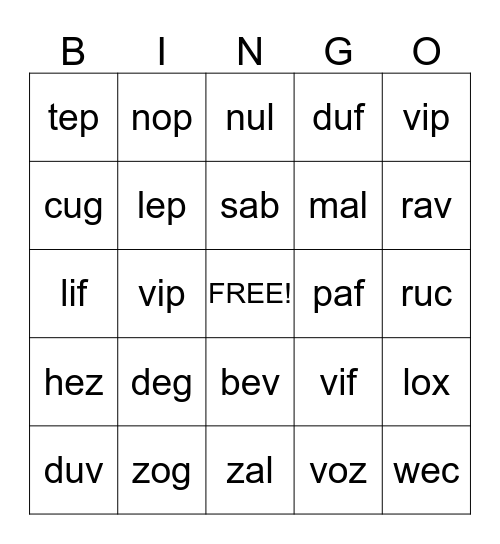 Nonsense Word Bingo Card