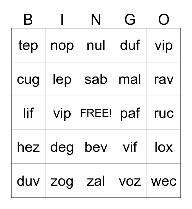Nonsense Word Bingo Card