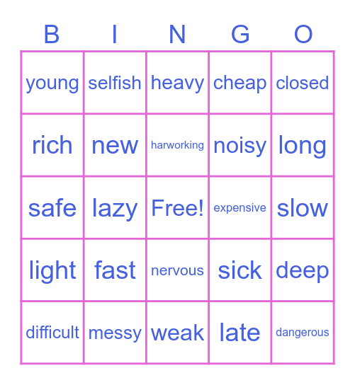 Adjectives - Opposites Bingo Card