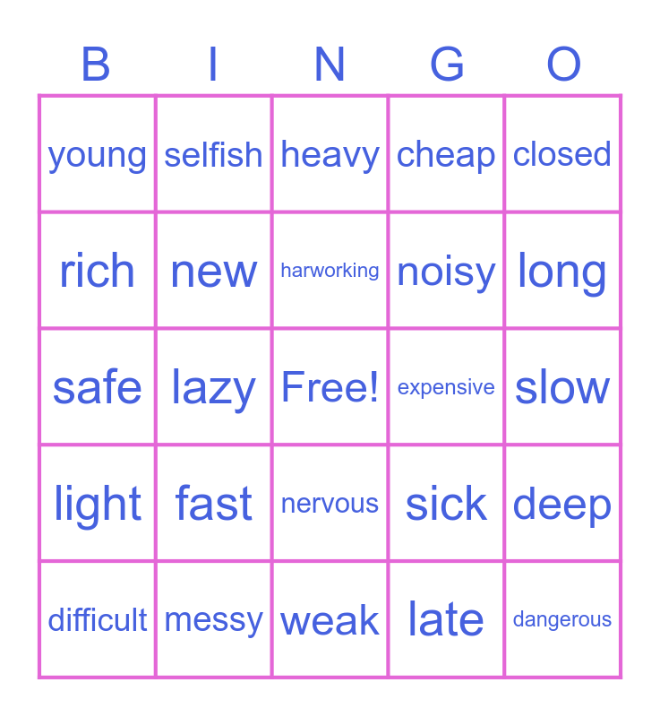 Adjectives - Opposites Bingo Card