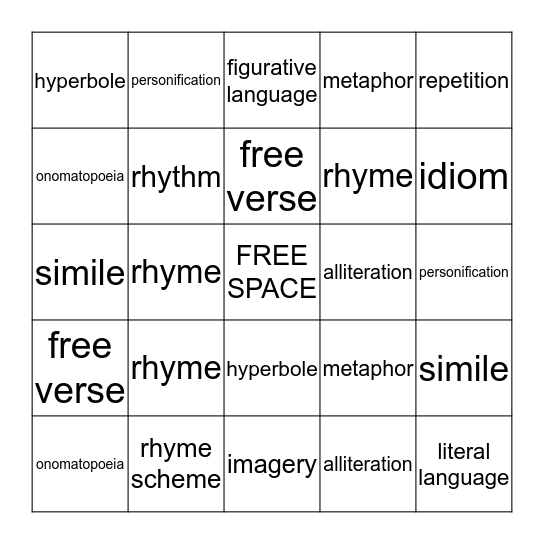 Figurative Language & Poetic Devices Bingo Card