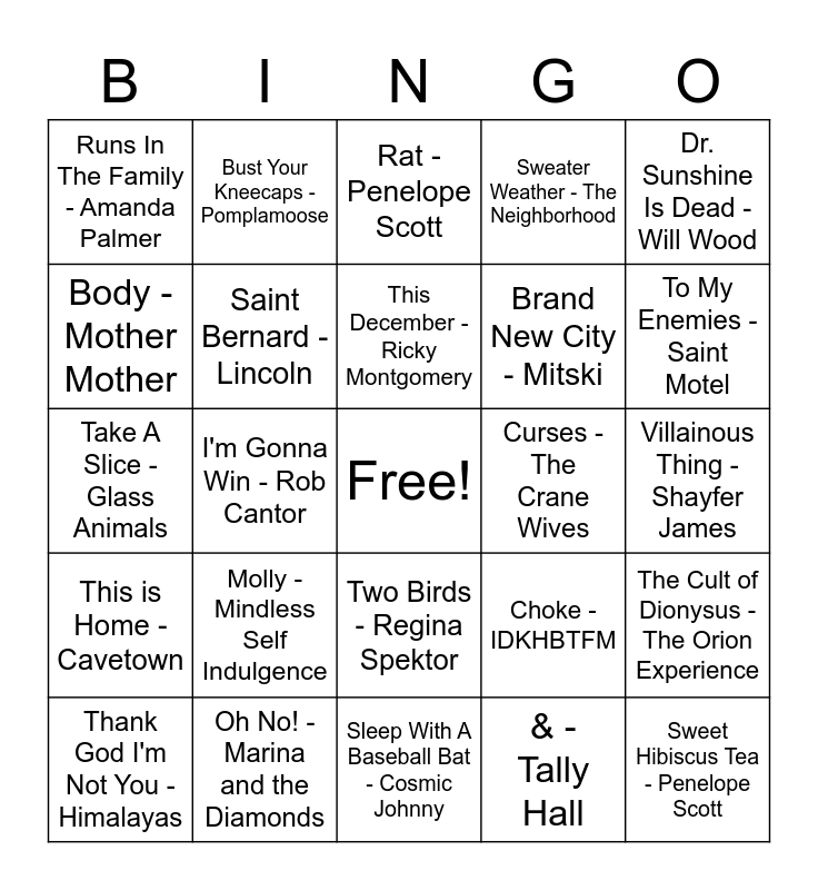 OC Playlist Bingo Card