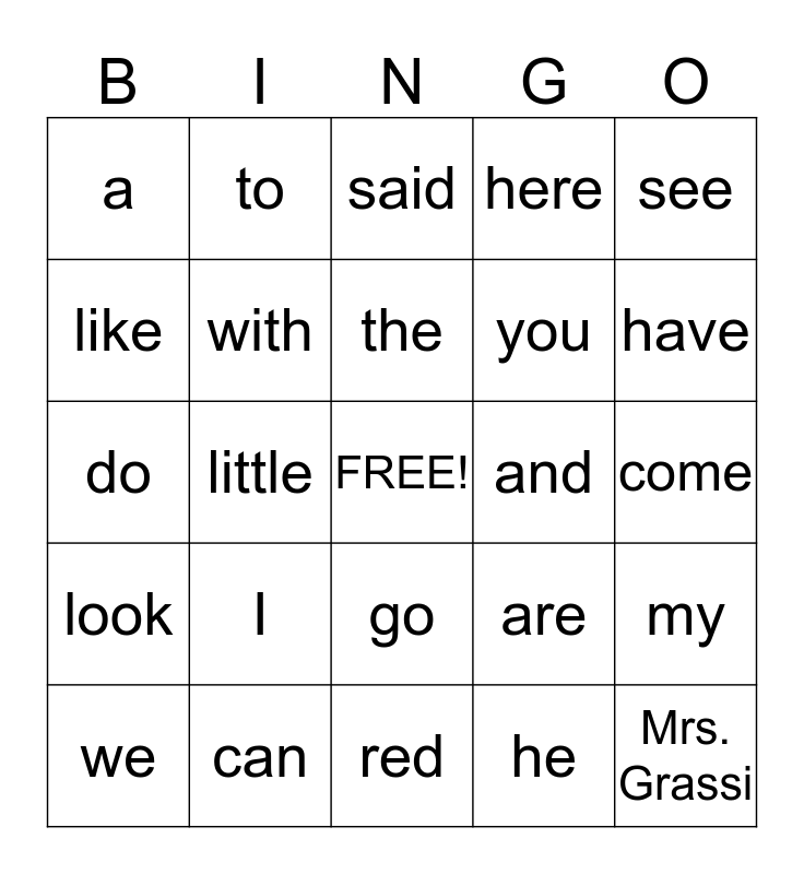 Kindergarten Bingo Card