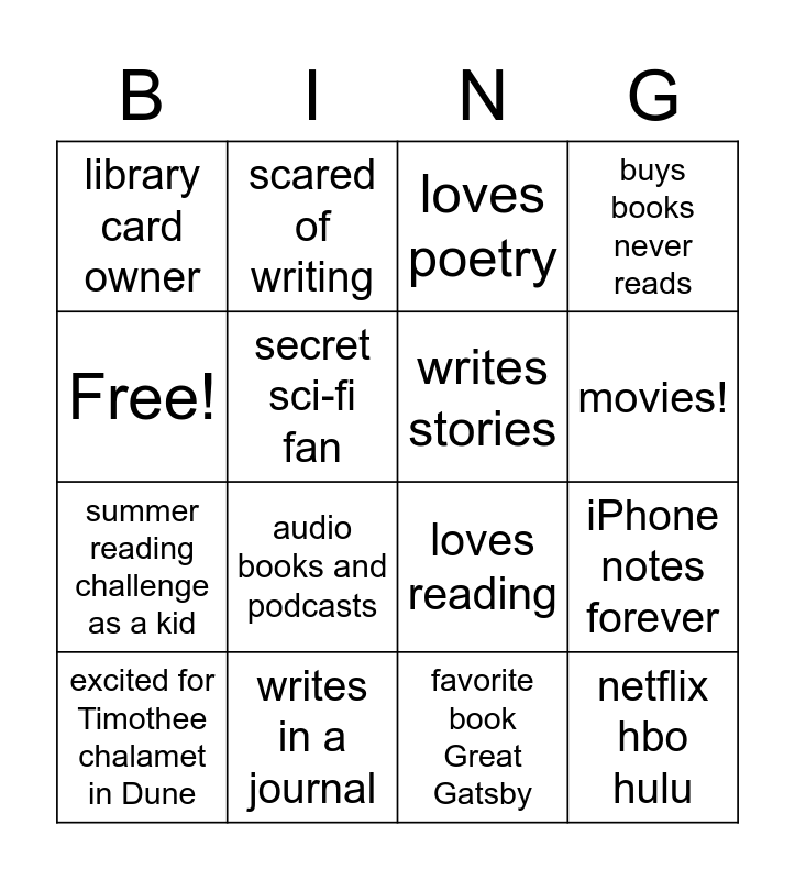 Creative writing Bingo Card