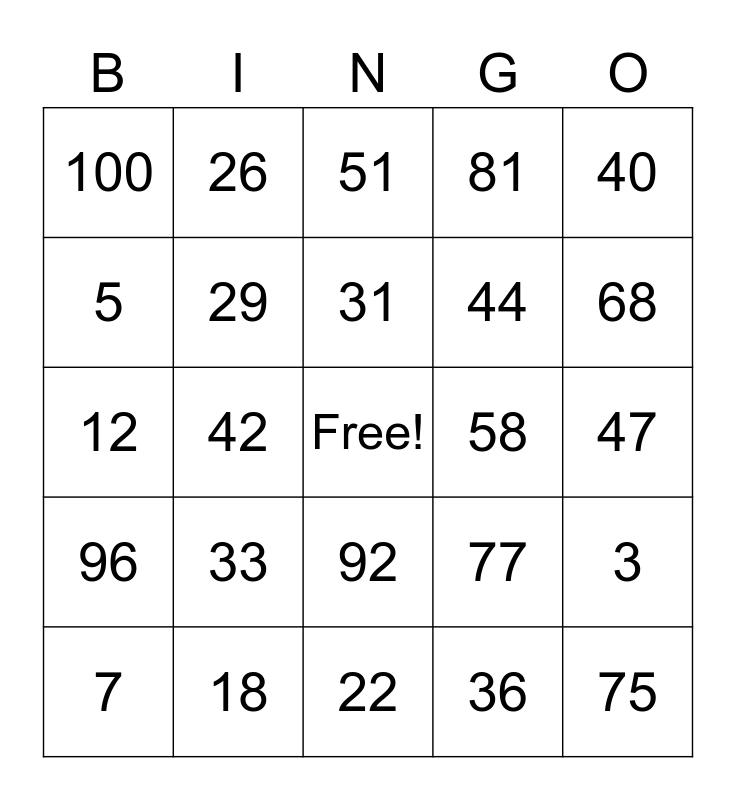 Bullseye Bingo Card