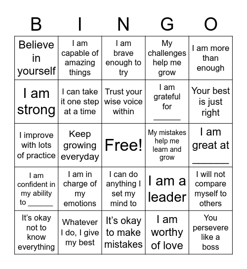 Positive Affirmations Bingo Card