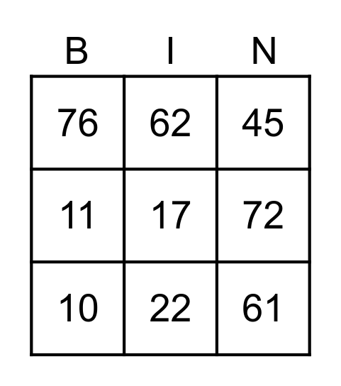 Numbers 1-90 Bingo Card